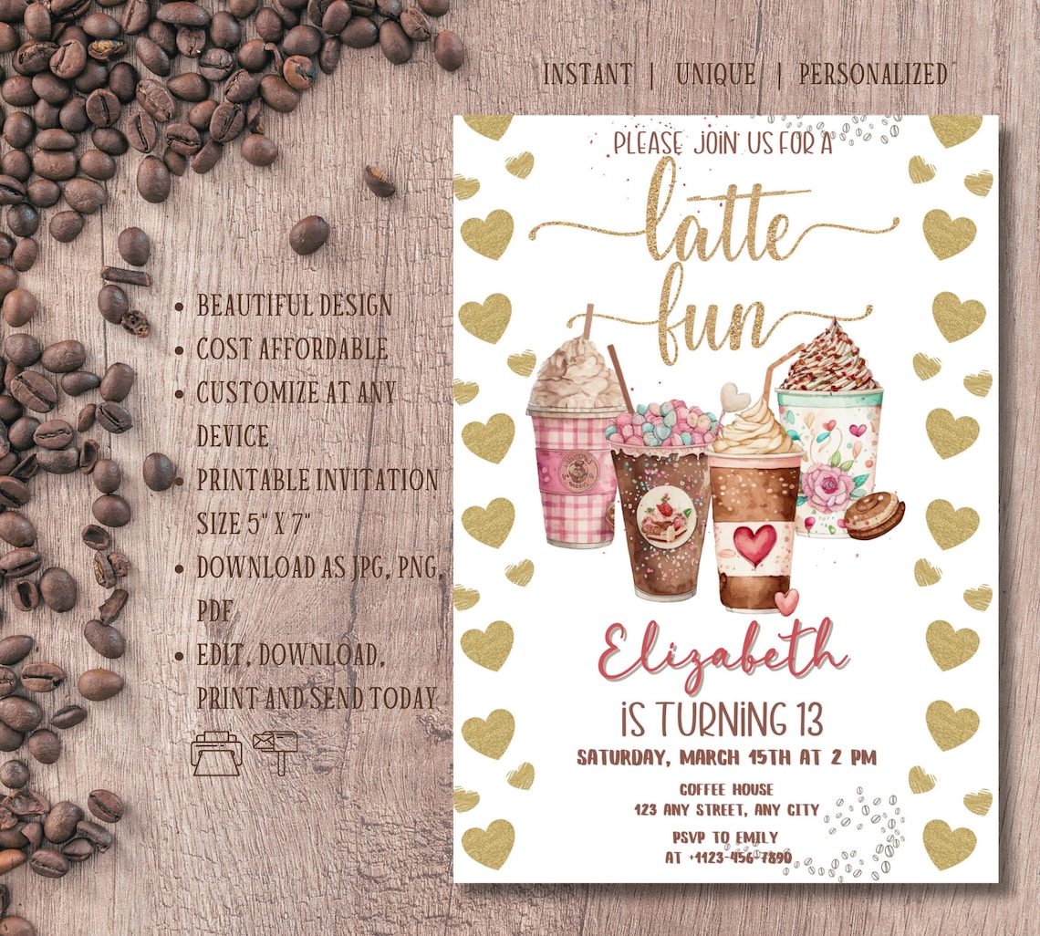 Latte Fun Tween Birthday Invitation, Coffee Birthday Evite for Woman ...