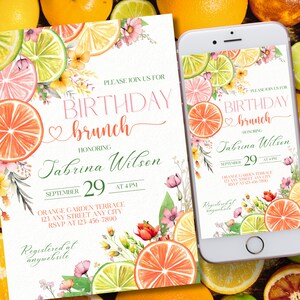 Floral Citrus Birthday Brunch Invitation, Editable Lemons Oranges Limes ...