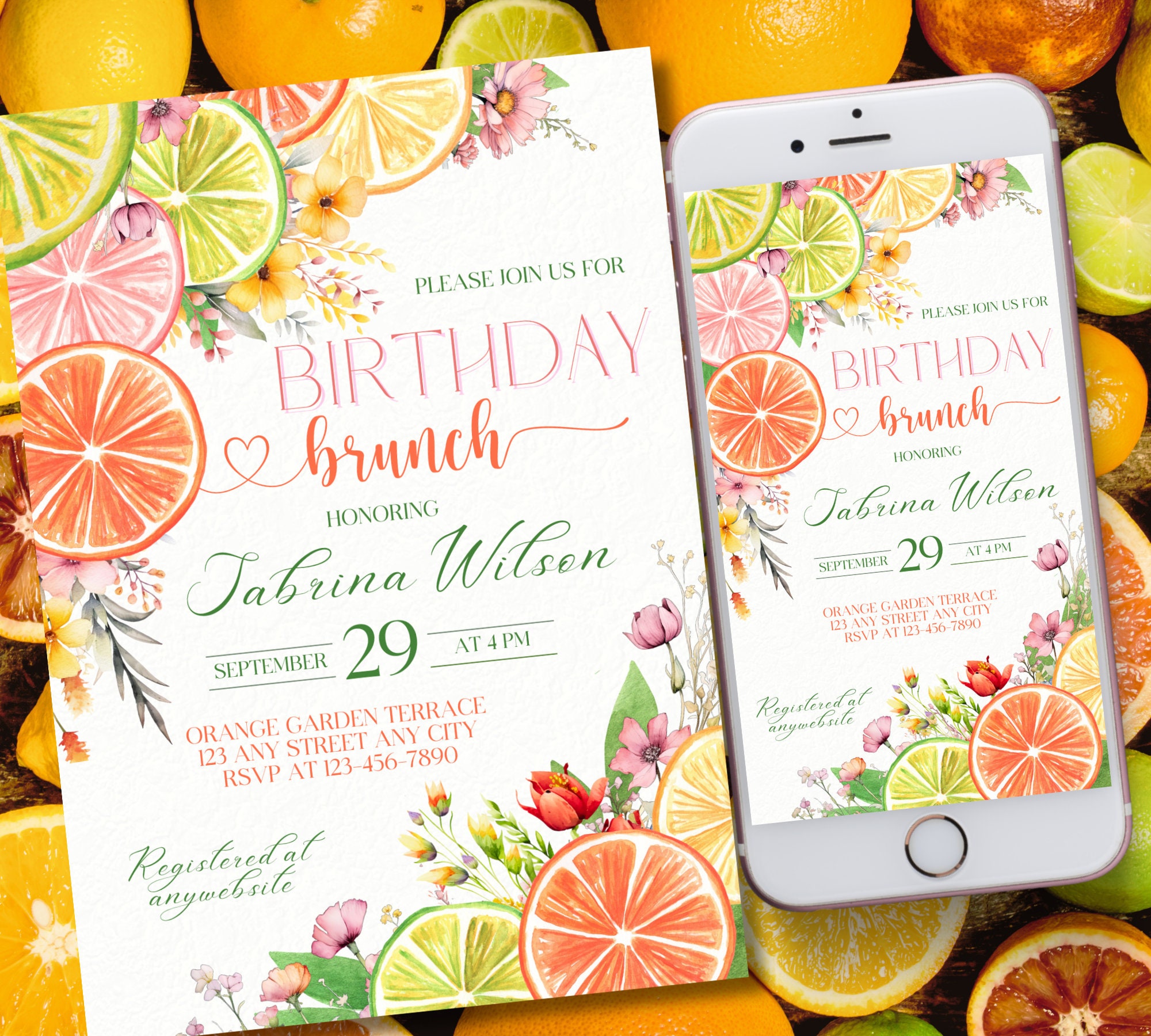 Floral Citrus Birthday Brunch Invitation, Editable Lemons Oranges Limes ...
