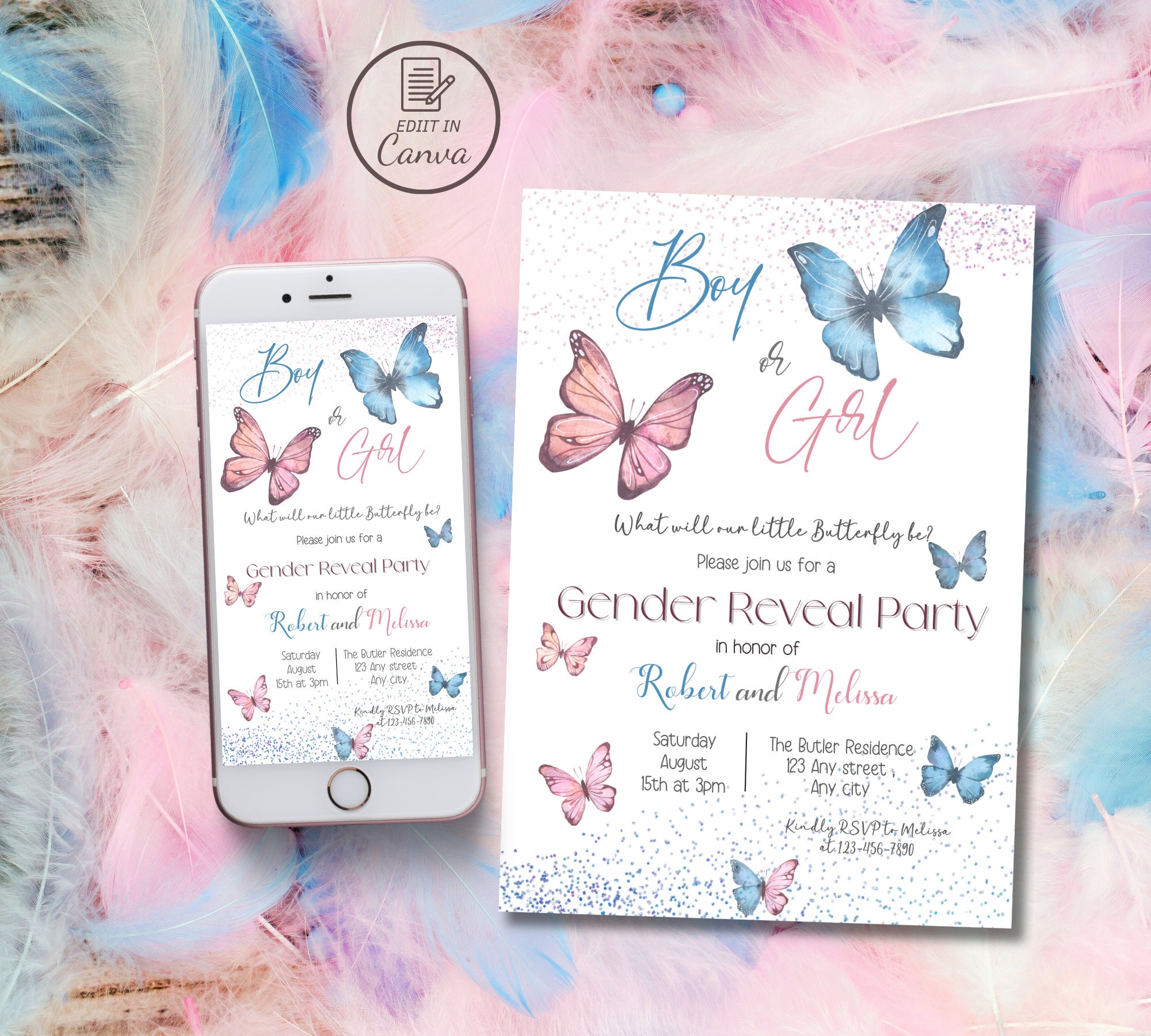 Editable Gender Reveal Party Invitation, Pink and Blue Butterflies Baby ...