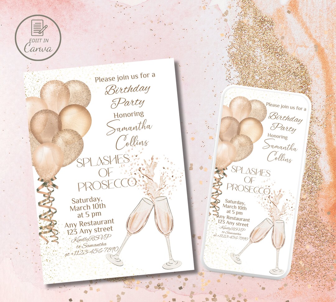 Chic Prosecco and Balloons Adult Birthday Party Invitation, Editable ...