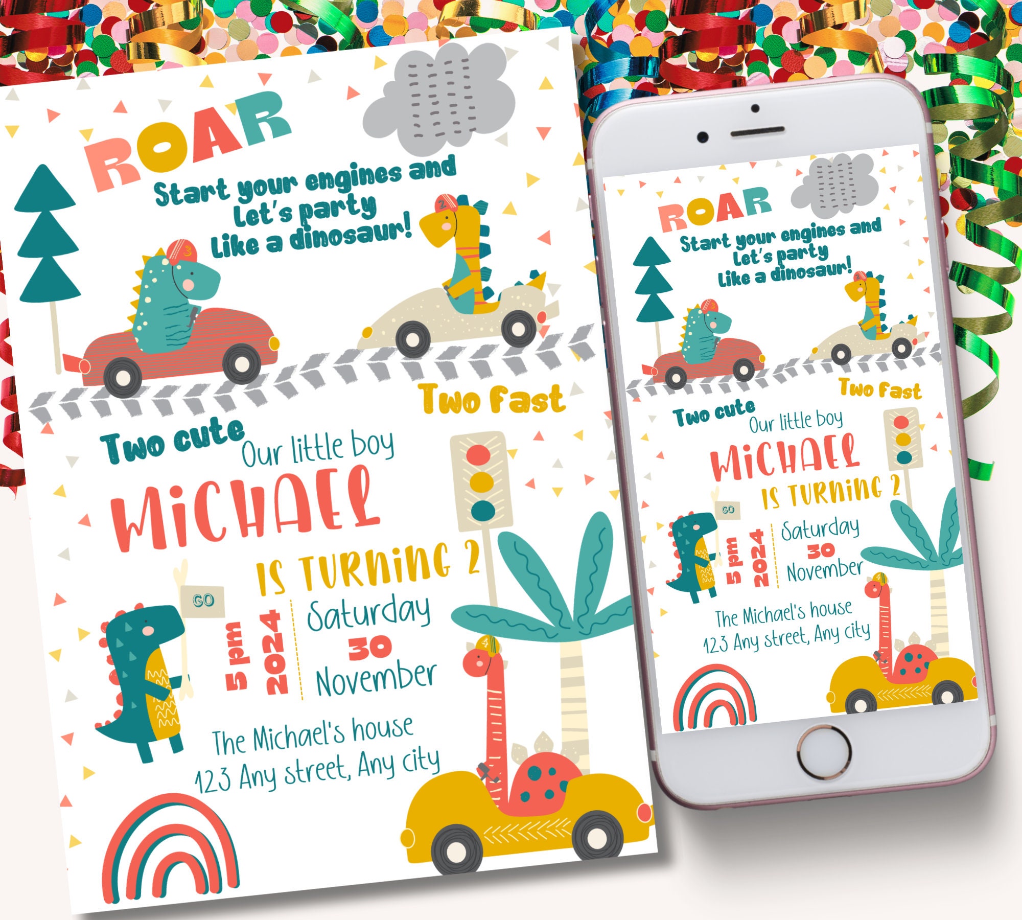 Dinosaur Racers Birthday Invitation, Race Cars Invite, Editable Rally ...
