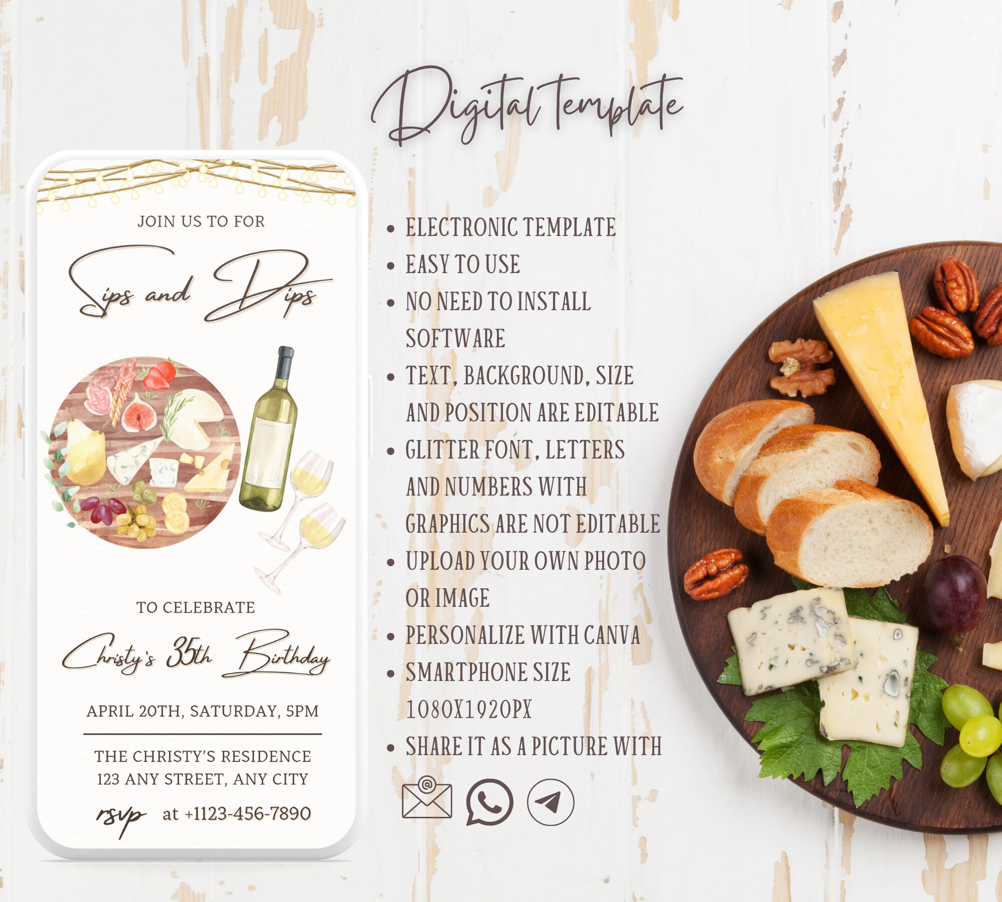 Minimalist Sips and Dips Invitation, Charcuterie Board Birthday Invite ...