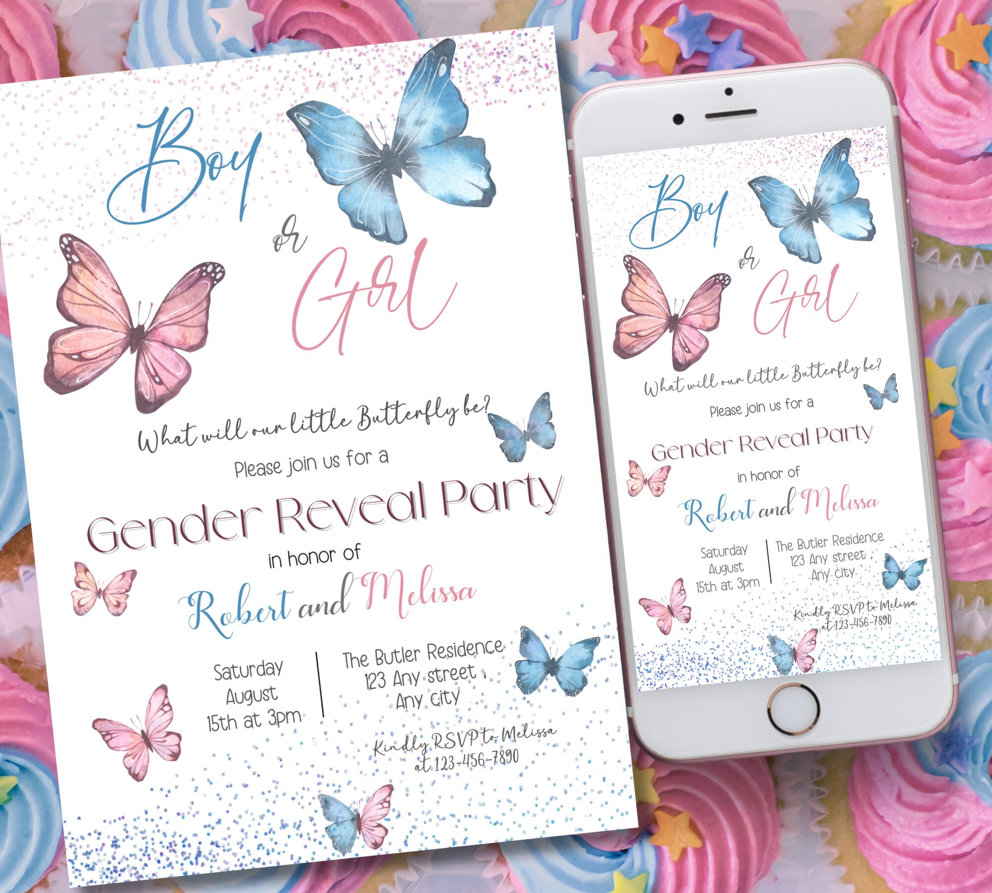 Editable Gender Reveal Party Invitation, Pink and Blue Butterflies Baby ...