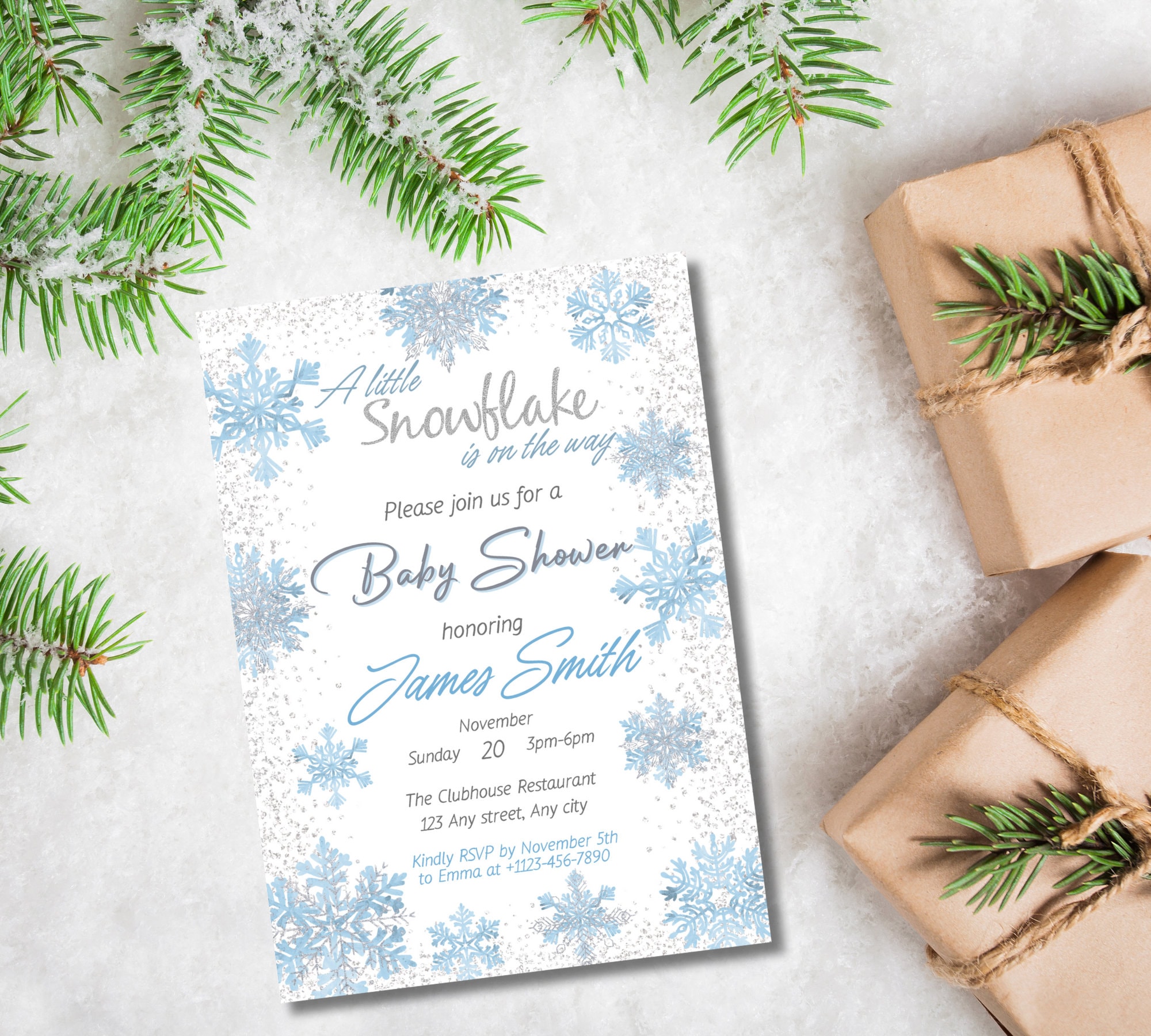 Snowflake Baby Shower Invitation Bundle, Editable Winter Boy Baby ...