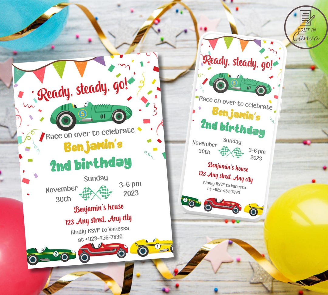 Race Cars Birthday Invitation, Editable Rally Party Invite, Racing Boy ...