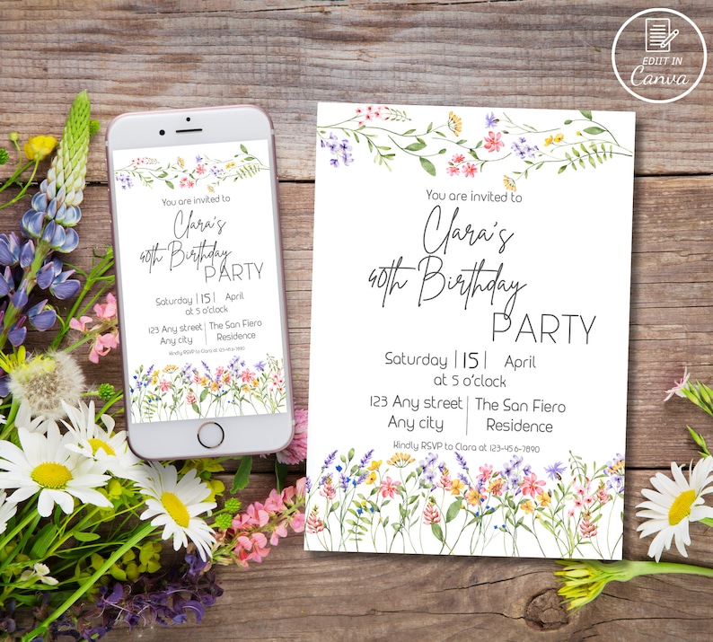 Wildflowers Women Birthday Invitation, Editable Spring Flower Adult ...