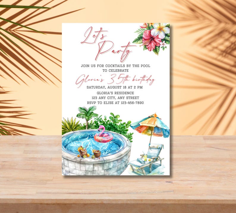 Pool Cocktail Party Birthday Invitation, Editable Summer Bday Invite ...