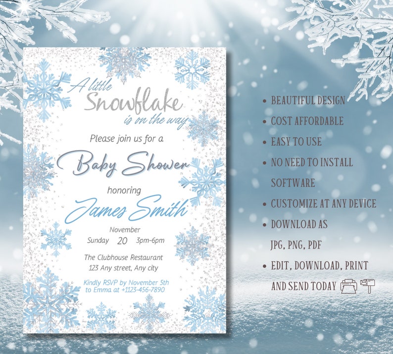 Snowflake Baby Shower Invitation Bundle, Editable Winter Boy Baby ...