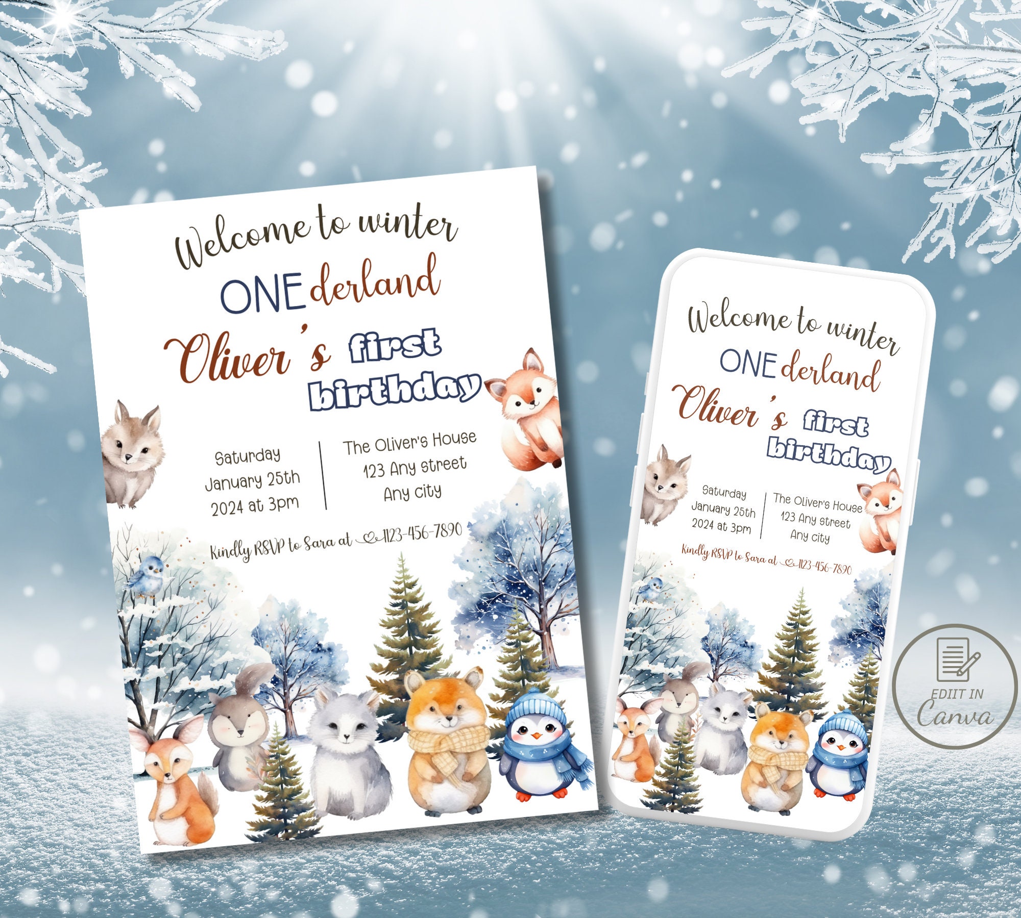 Editable Winter Wonderland Birthday Invitation, Woodland Animals ...
