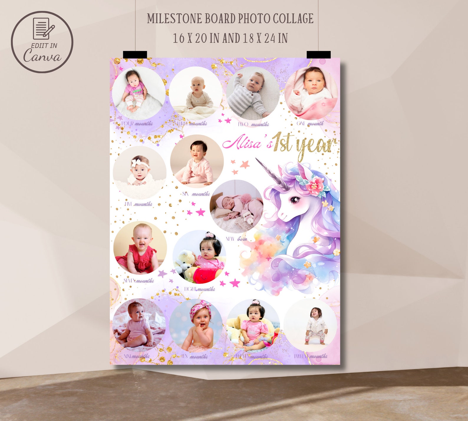 Unicorn Milestone Birthday Photo Collage, Editable Magical 1st Birthday ...