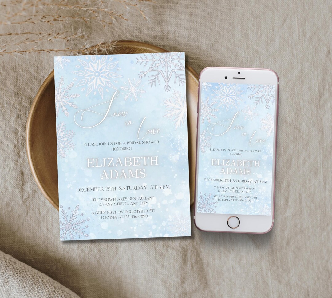 Snow in Love Bridal Shower Invite, Editable Silver Snowflakes ...