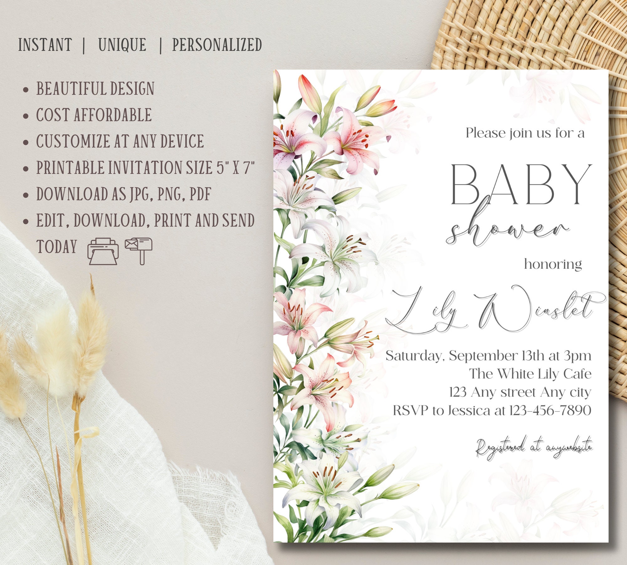 Editable Lilies Baby Shower Invitation, Watercolor Lily Flowers Baby ...