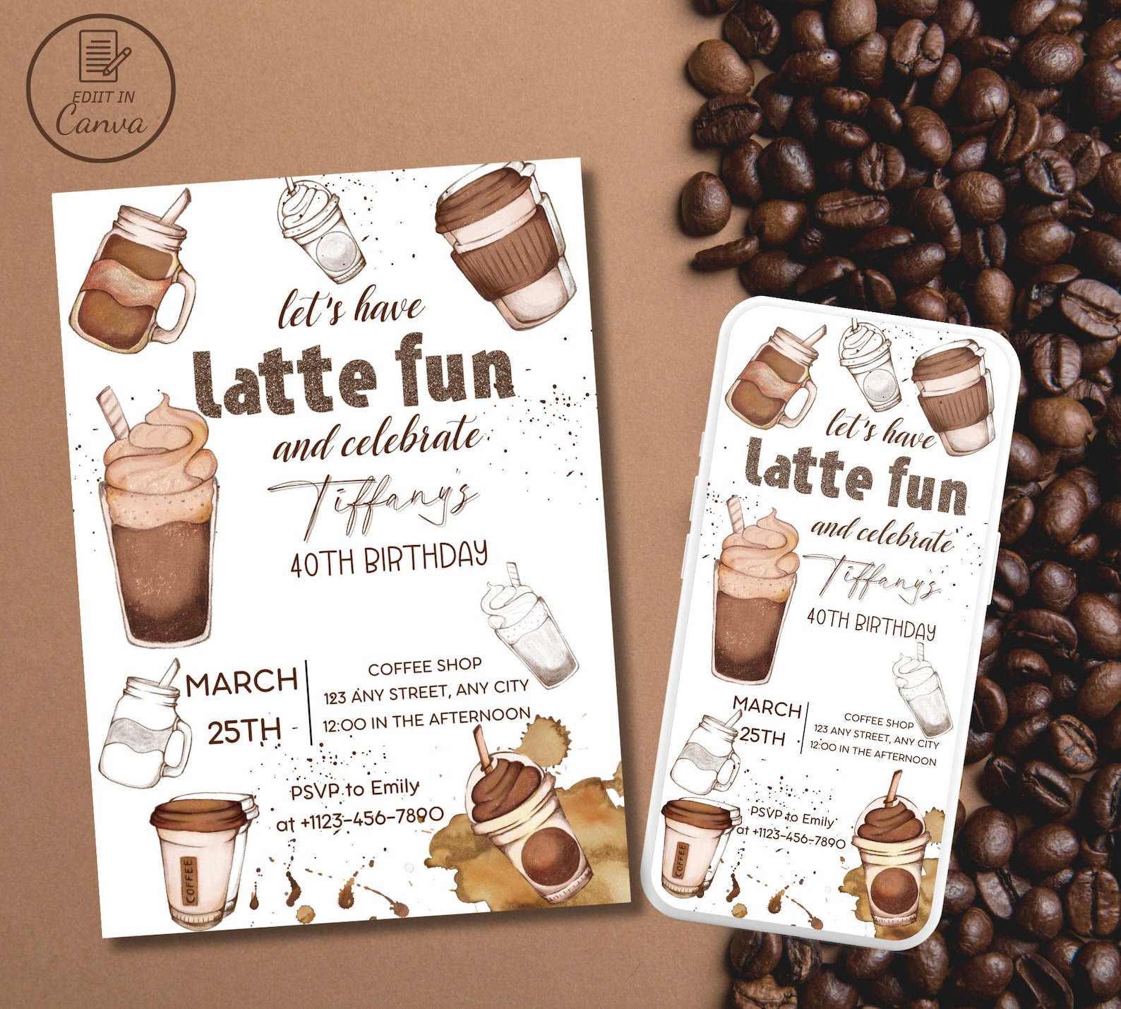 Coffee Birthday Invitation for Woman, Latte Fun Adult Evite, Latte ...