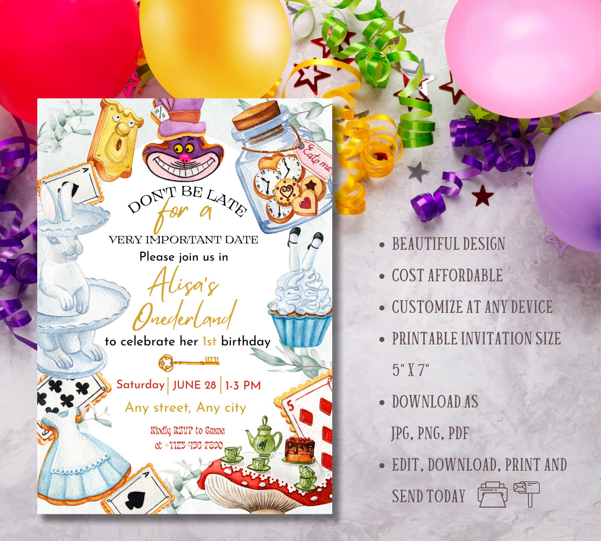 Alice in Wonderland Digital Invitation, Alice in Onederland First ...