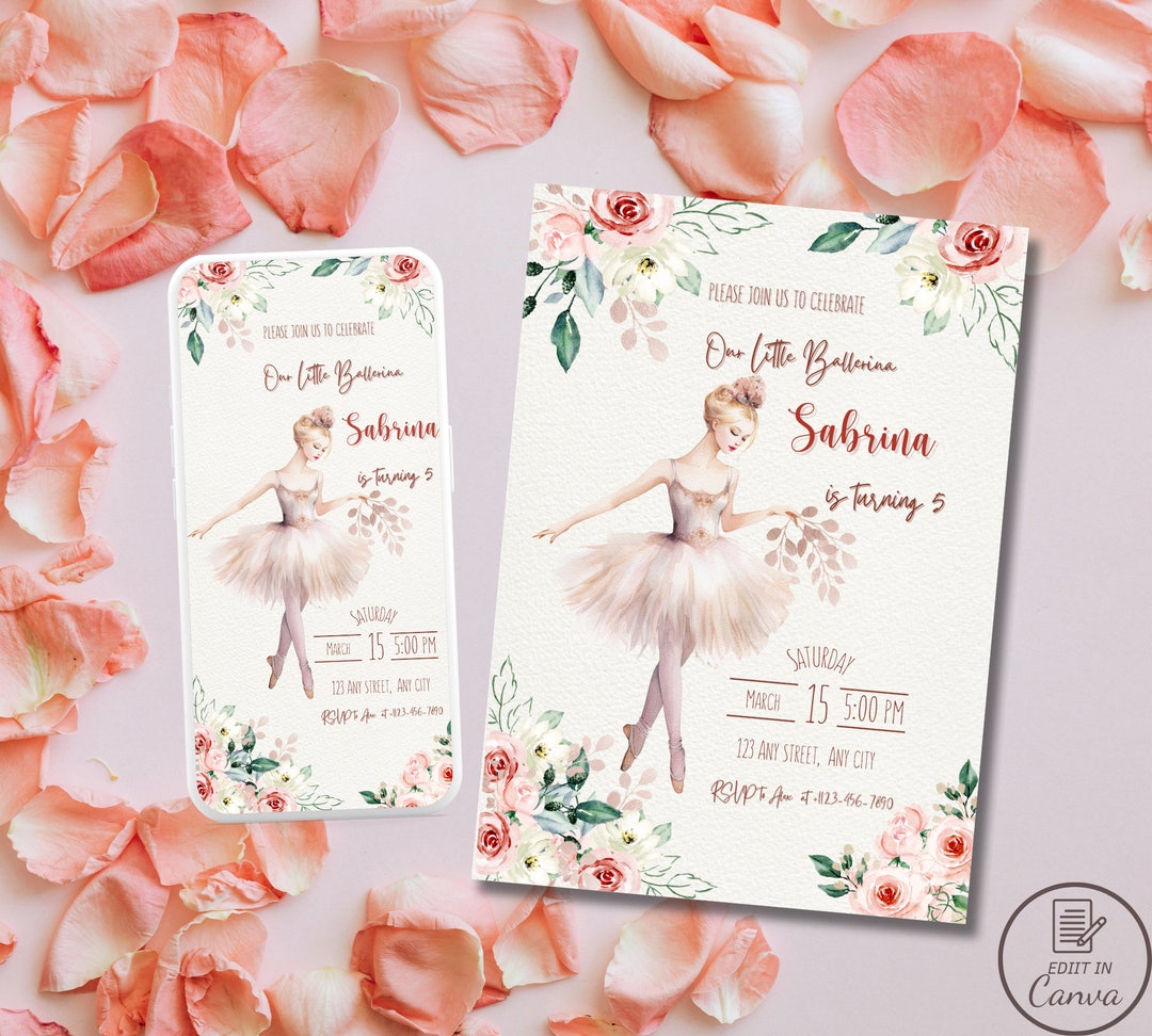 Floral Ballerina Birthday Invitation, Ballet Dancer Birthday Template ...