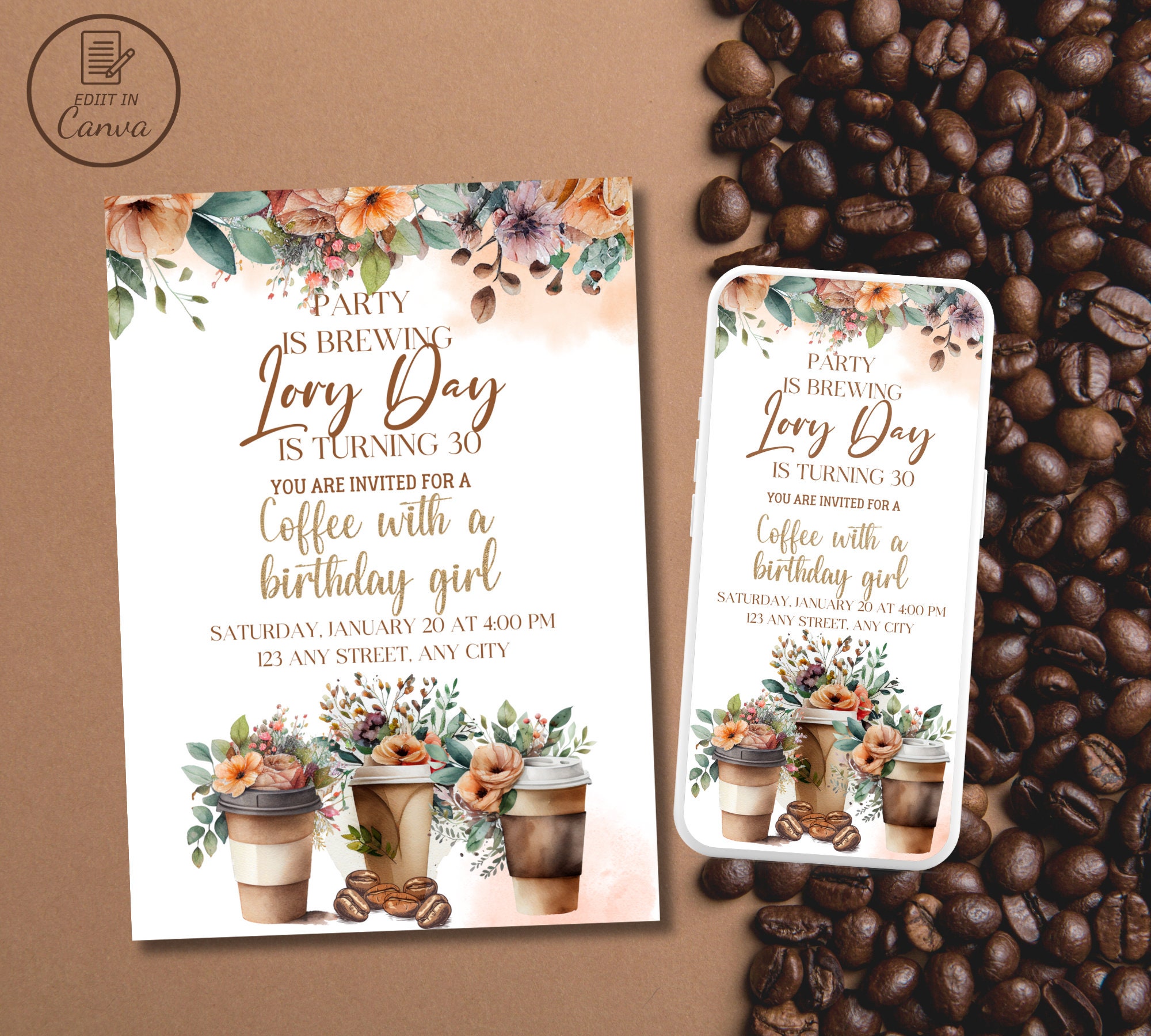 Floral Coffee Birthday Invitation for Woman, Coffee With a Birthday ...
