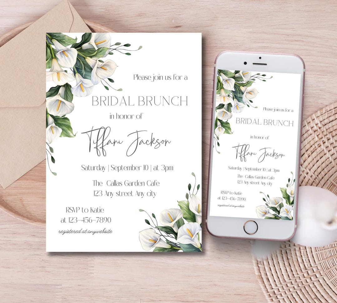 Editable White Calla Lily Bridal Brunch Invite Minimalist Callas ...
