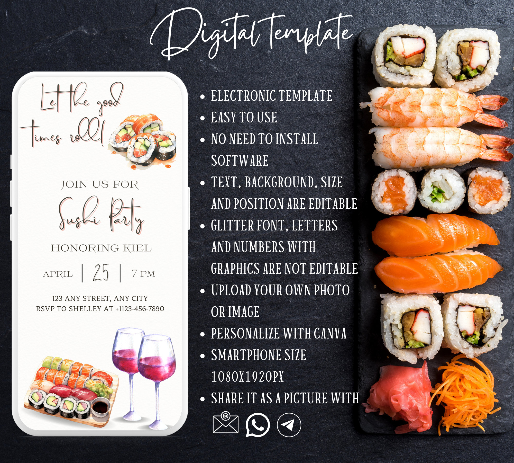 Minimalist Sushi Party Invitation, Editable Birthday Dinner Invite ...