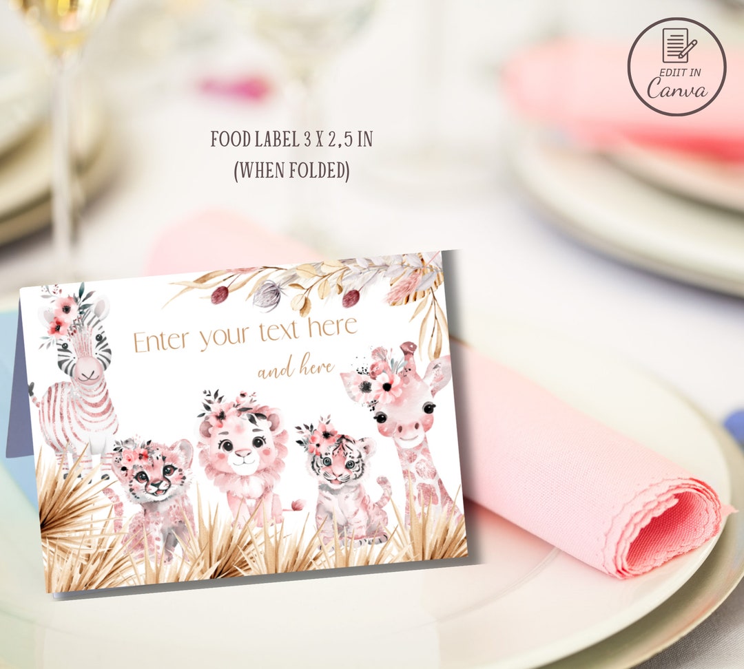 Editable Safari Animals Folded Food Label Template Custom Pink Boho ...