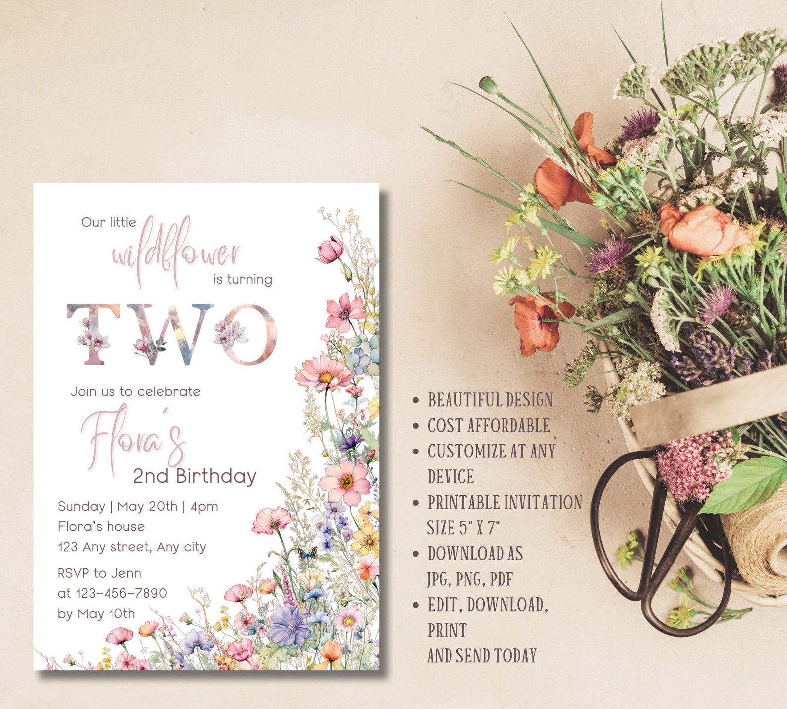 Wildflowers Kid Second Birthday Invitation, Our Little Wild Flower is ...
