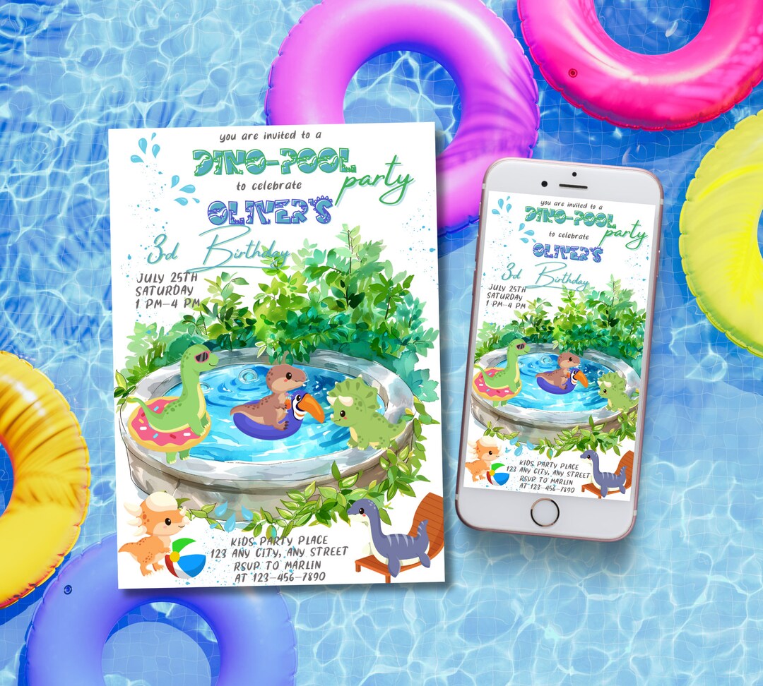 Editable Dino Pool Party Invite, Baby Dinosaurs Birthday Invitation ...