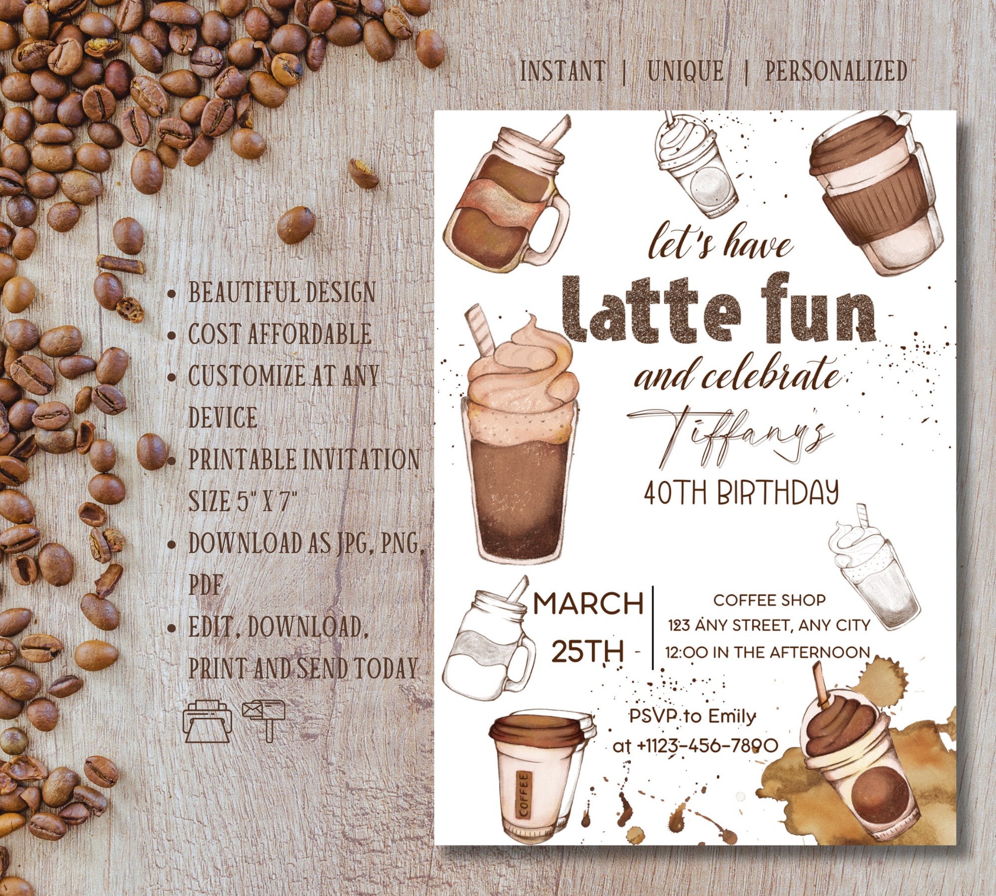 Coffee Birthday Invitation for Woman, Latte Fun Adult Evite, Latte ...