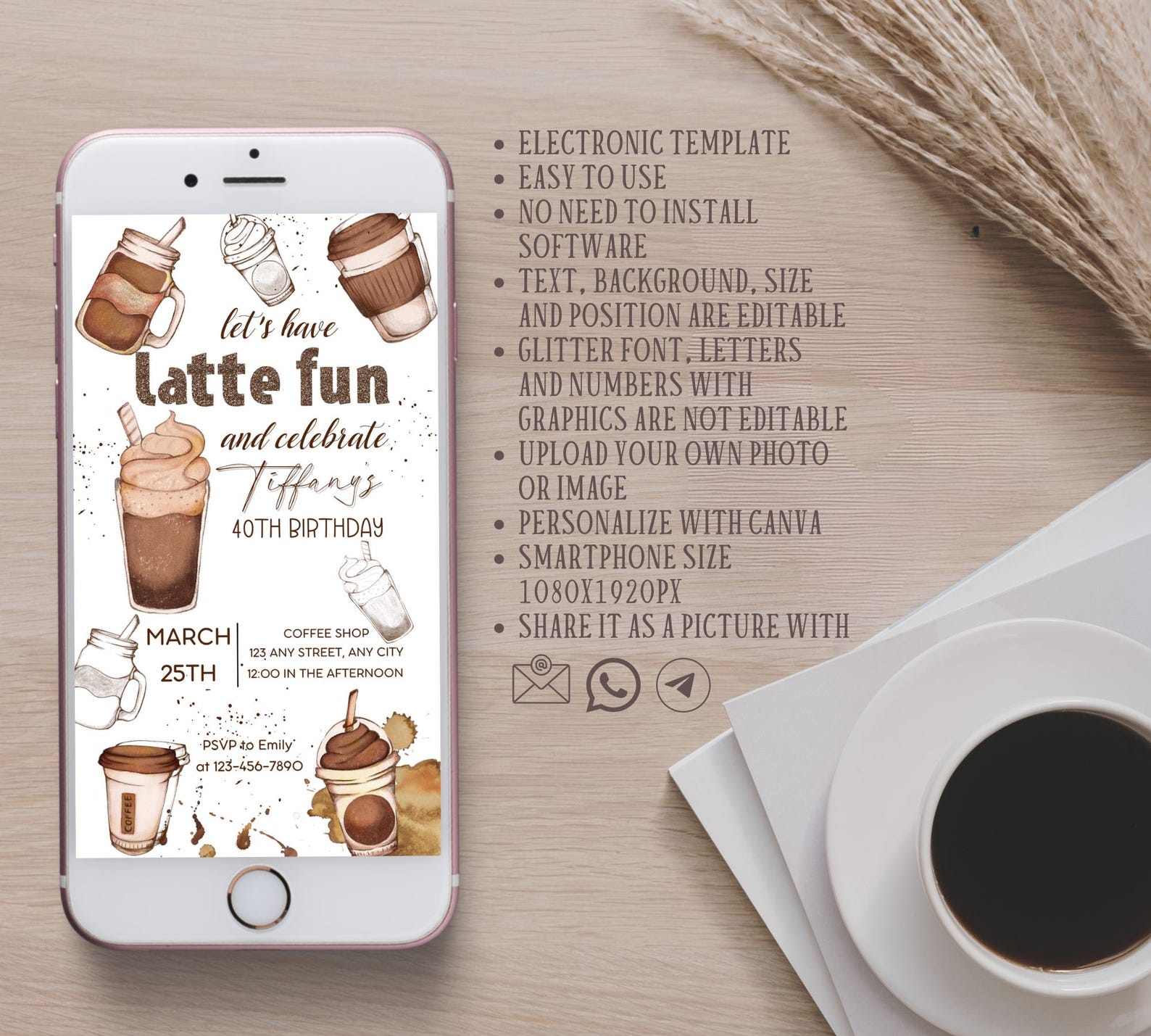 Coffee Birthday Invitation for Woman, Latte Fun Adult Evite, Latte ...