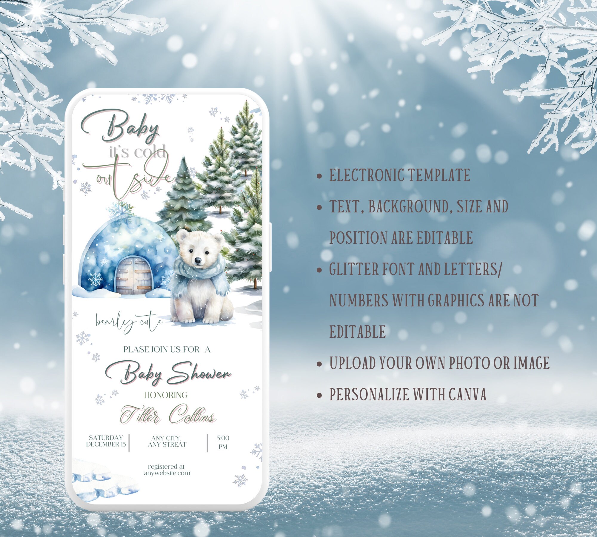 Polar Bear Baby Shower Invitation Bundle, Editable Winter Boy Baby ...