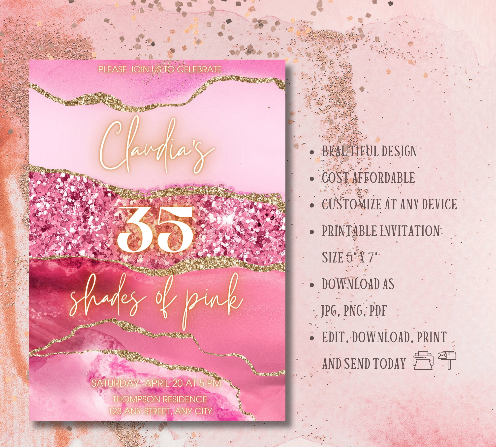 Shades of Pink Birthday Invitation, Lets Party in Pink Womens Invite ...