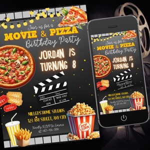 Movie and Pizza Birthday Party Invitation, Editable Cinema Night Bday ...