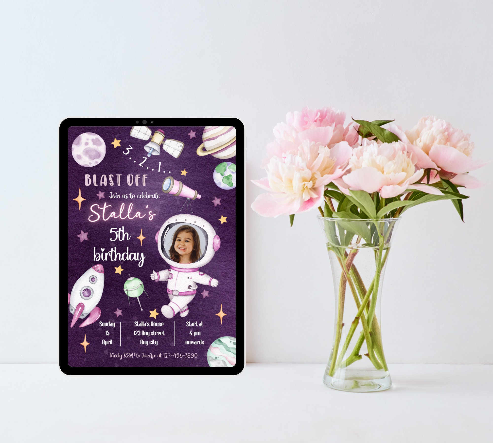Girl Space Birthday Party Invitation With Photo, Editable Galaxy ...