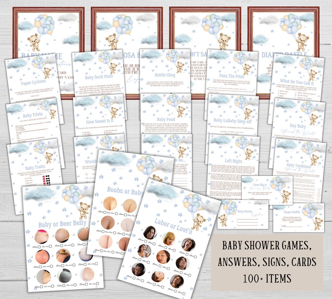 Teddy Bear With Balloons Baby Shower Games, Editable We Can Bearly Wait Boy Sprinkle Game Bundle ...