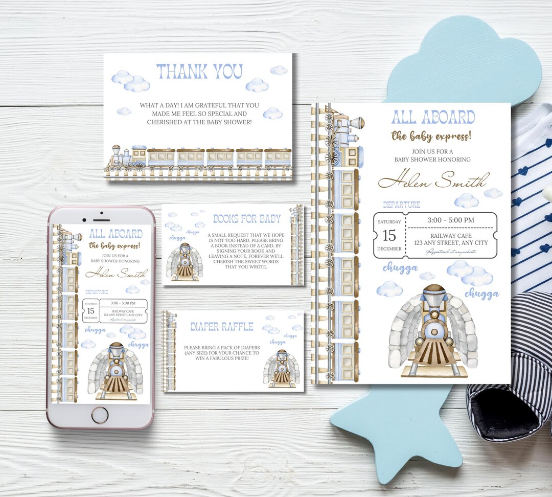 Editable Train Baby Shower Invitation Pack, All Aboard Baby Express ...