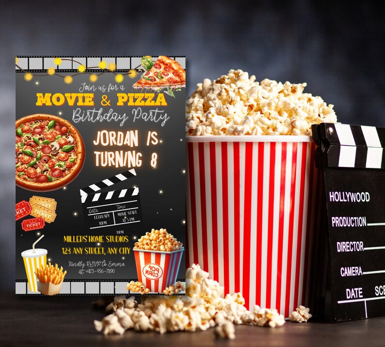 Movie and Pizza Birthday Party Invitation, Editable Cinema Night Bday ...