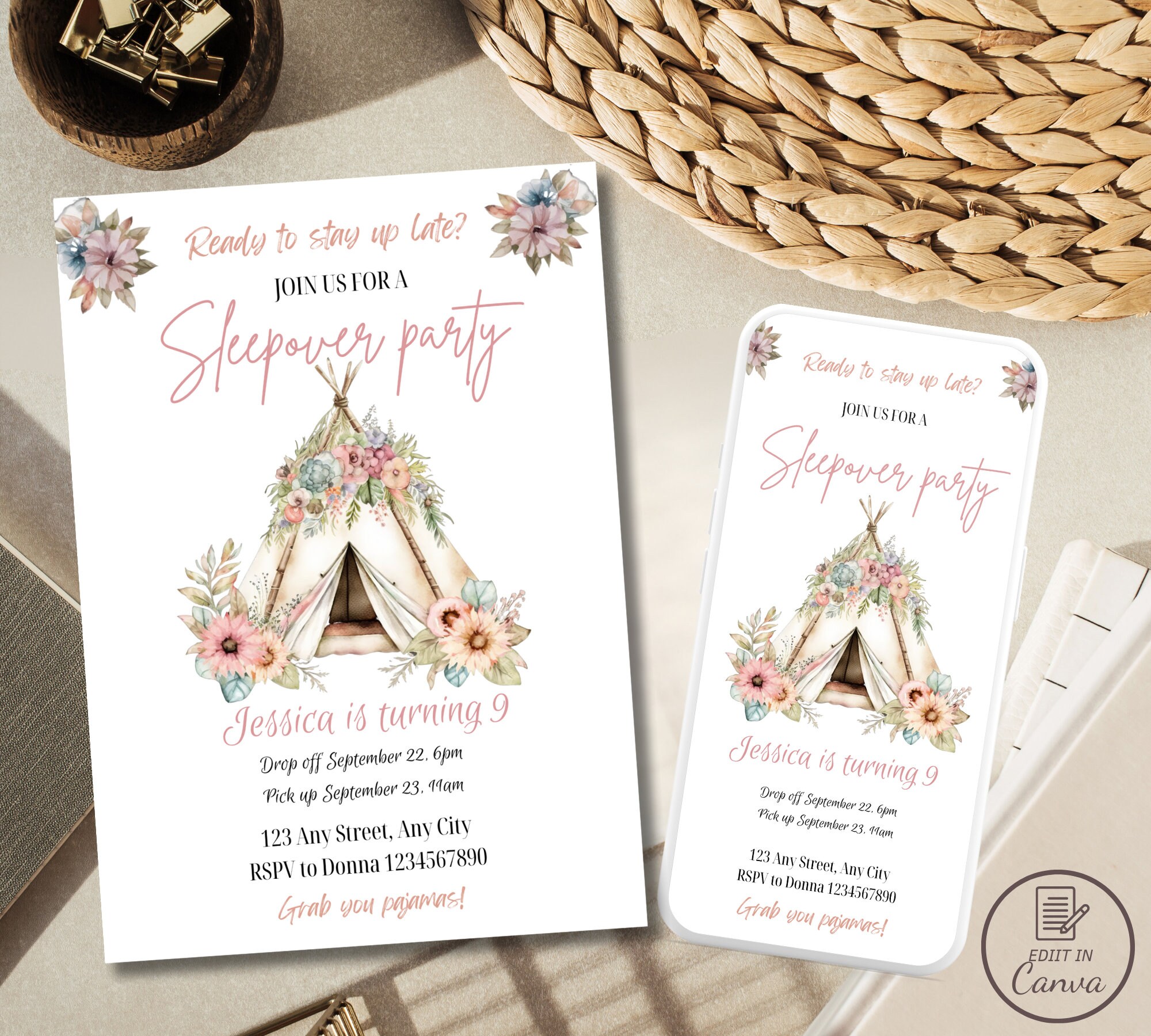 Boho Teepee Girl Sleepover Invitation, Editable Minimalist Slumber Bday ...