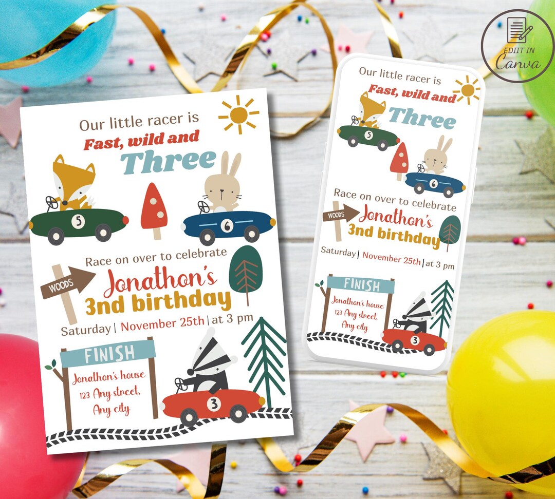 Woodland Racers Birthday Invitation, Race Cars Invite, Forest Animals ...