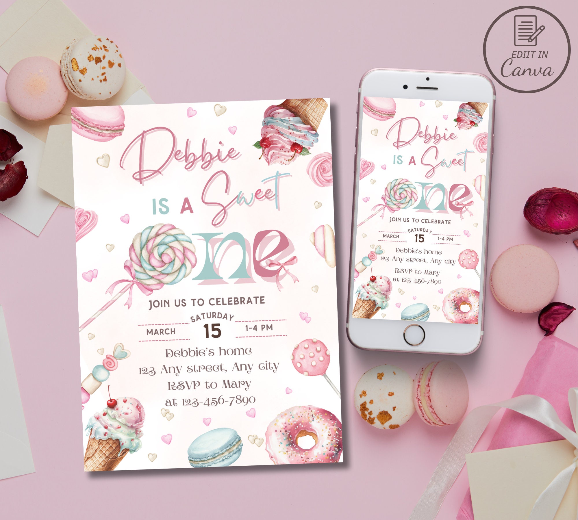 Sweet One Girl Birthday Invitation, Pastel Sweets First Birthday Party ...