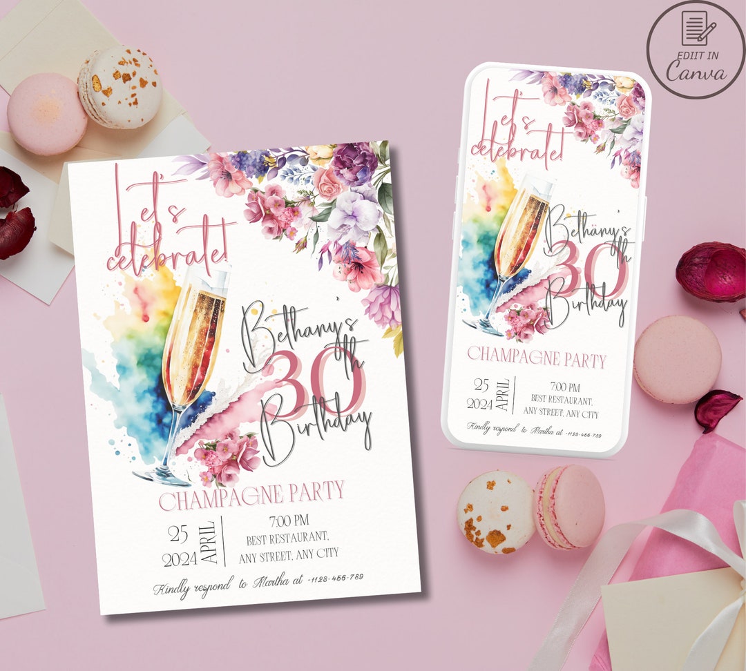Champagne Adult Birthday Party Invitation, Editable Prosecco Bday ...