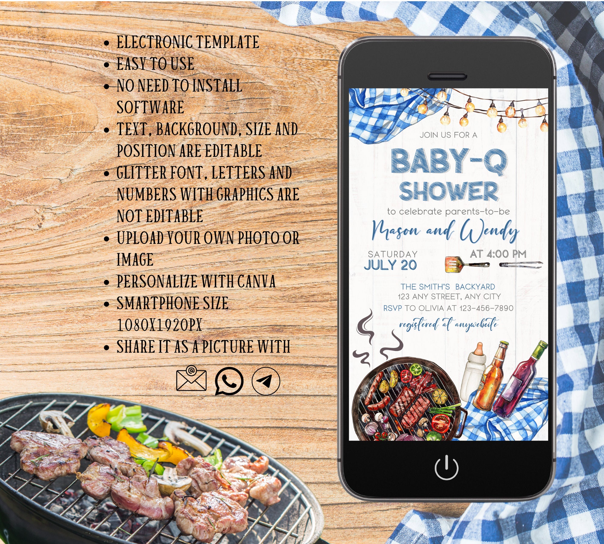 Editable BBQ Baby Shower Invitation, Blue Baby-q Invite, Backyard ...