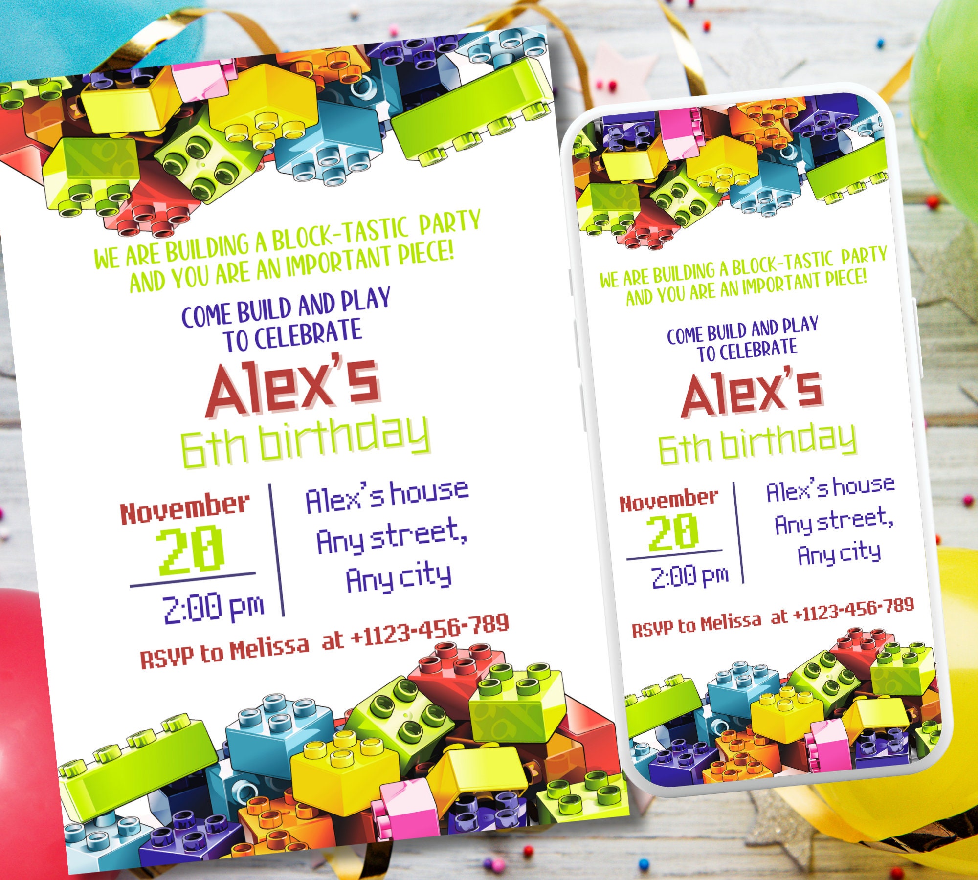 Building Blocks Birthday Party Invitation, Editable Building Bricks ...