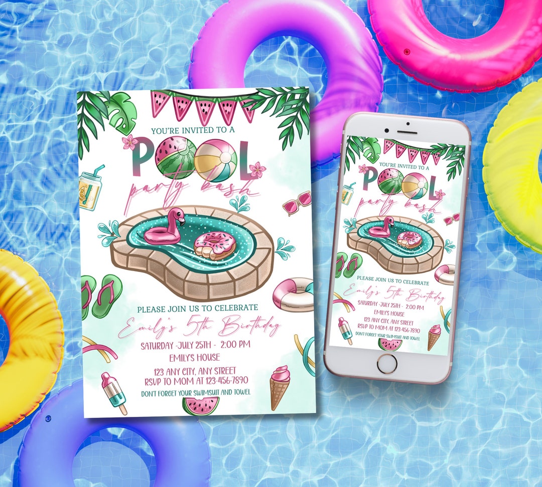 Pool Party Bash Birthday Invitation Editable Summer Bday Invite Girls ...