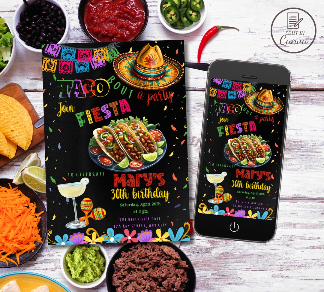 Tacos and Margarita Mexican Birthday Invitation, Editable Taco Bout ...