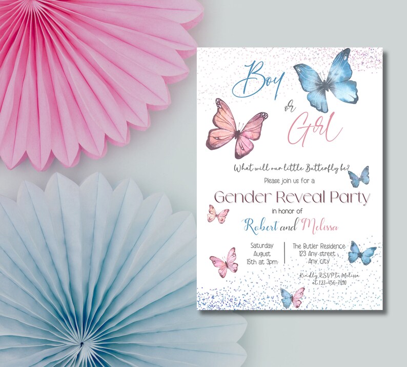 Editable Gender Reveal Party Invitation, Pink and Blue Butterflies Baby ...