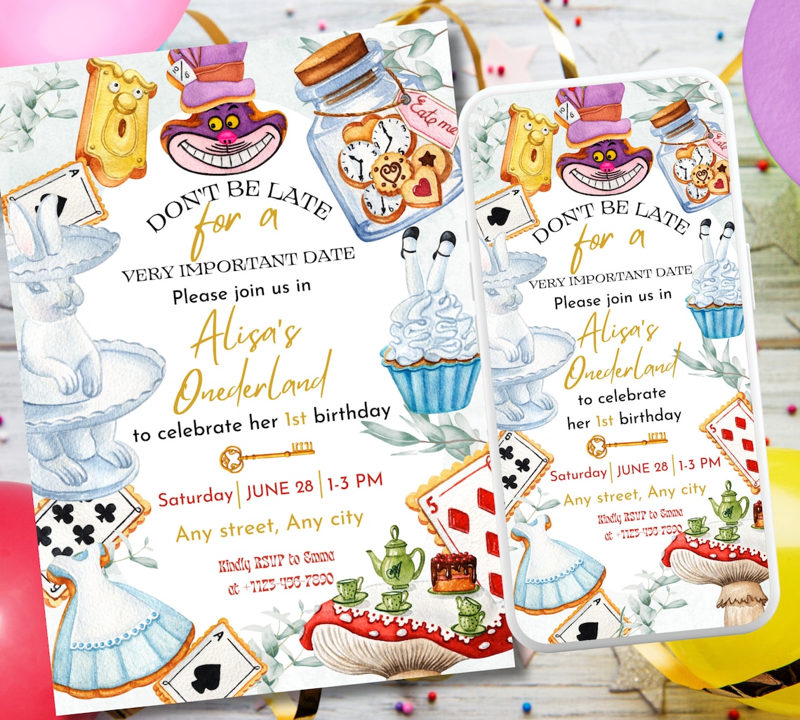 Alice in Wonderland Digital Invitation, Alice in Onederland First ...
