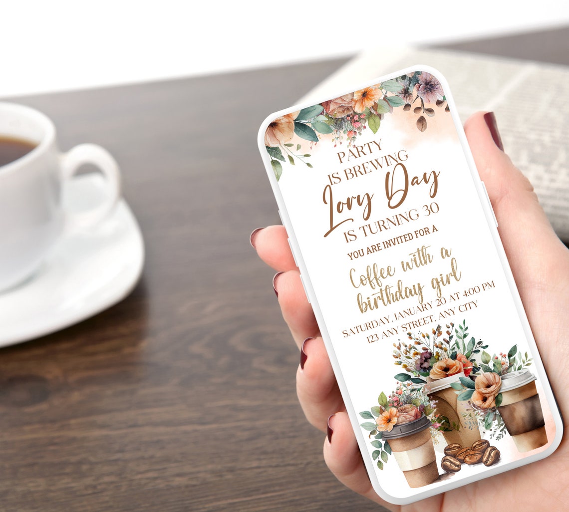 Floral Coffee Birthday Invitation for Woman, Coffee With a Birthday ...