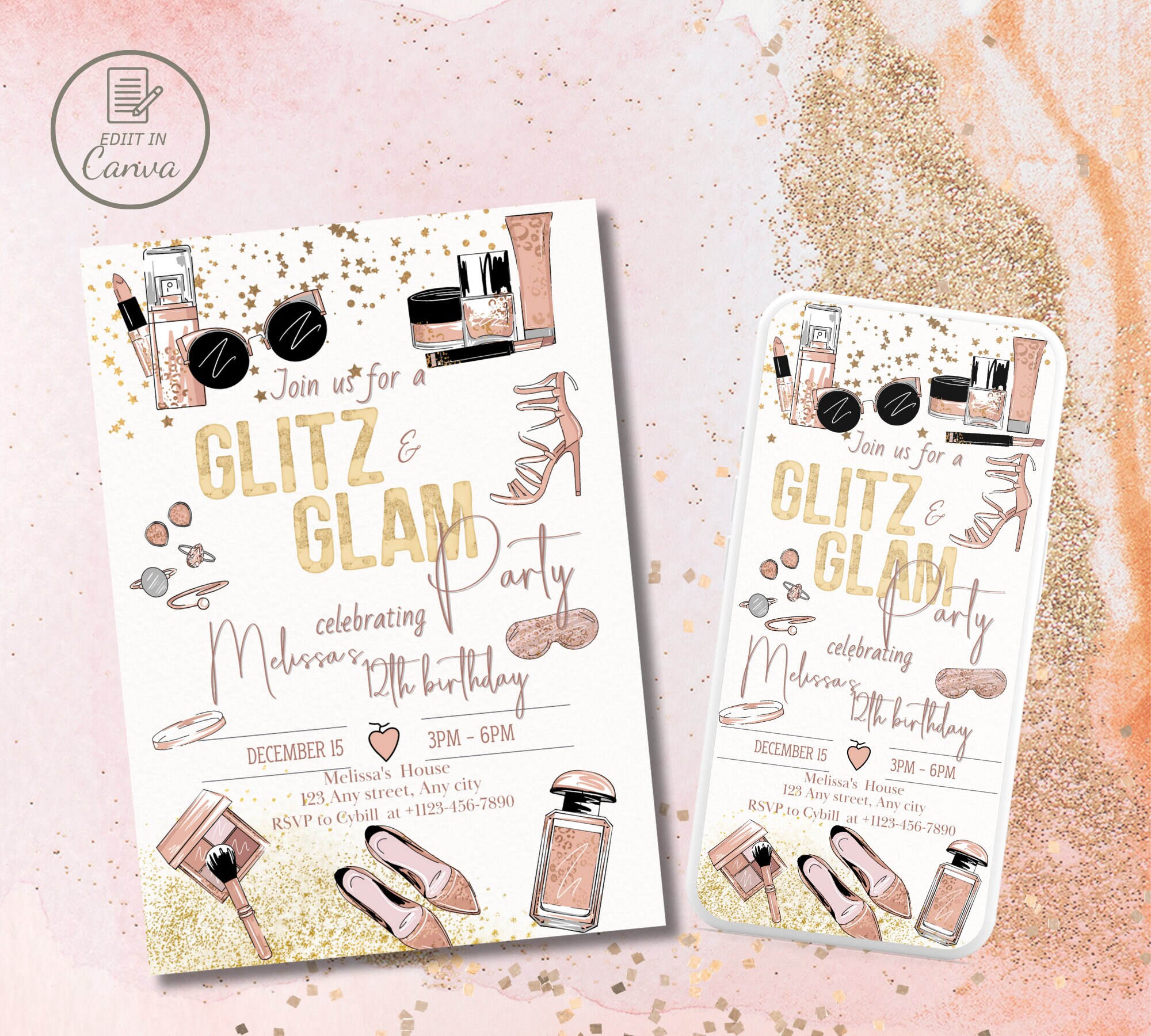 Editable Glitz and Glam Birthday Party Invitation, Glamour Makeup Girls ...