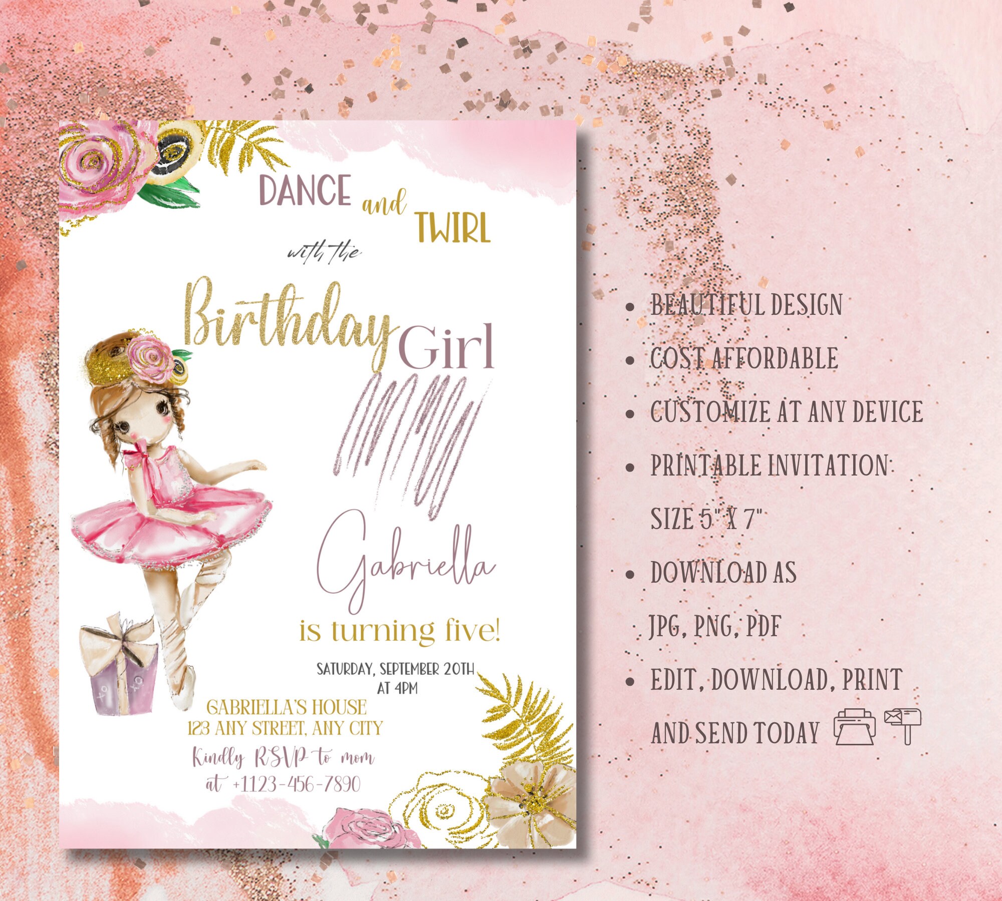 Editable Ballerina Birthday Invitation, Ballet Dancer Birthday Template ...