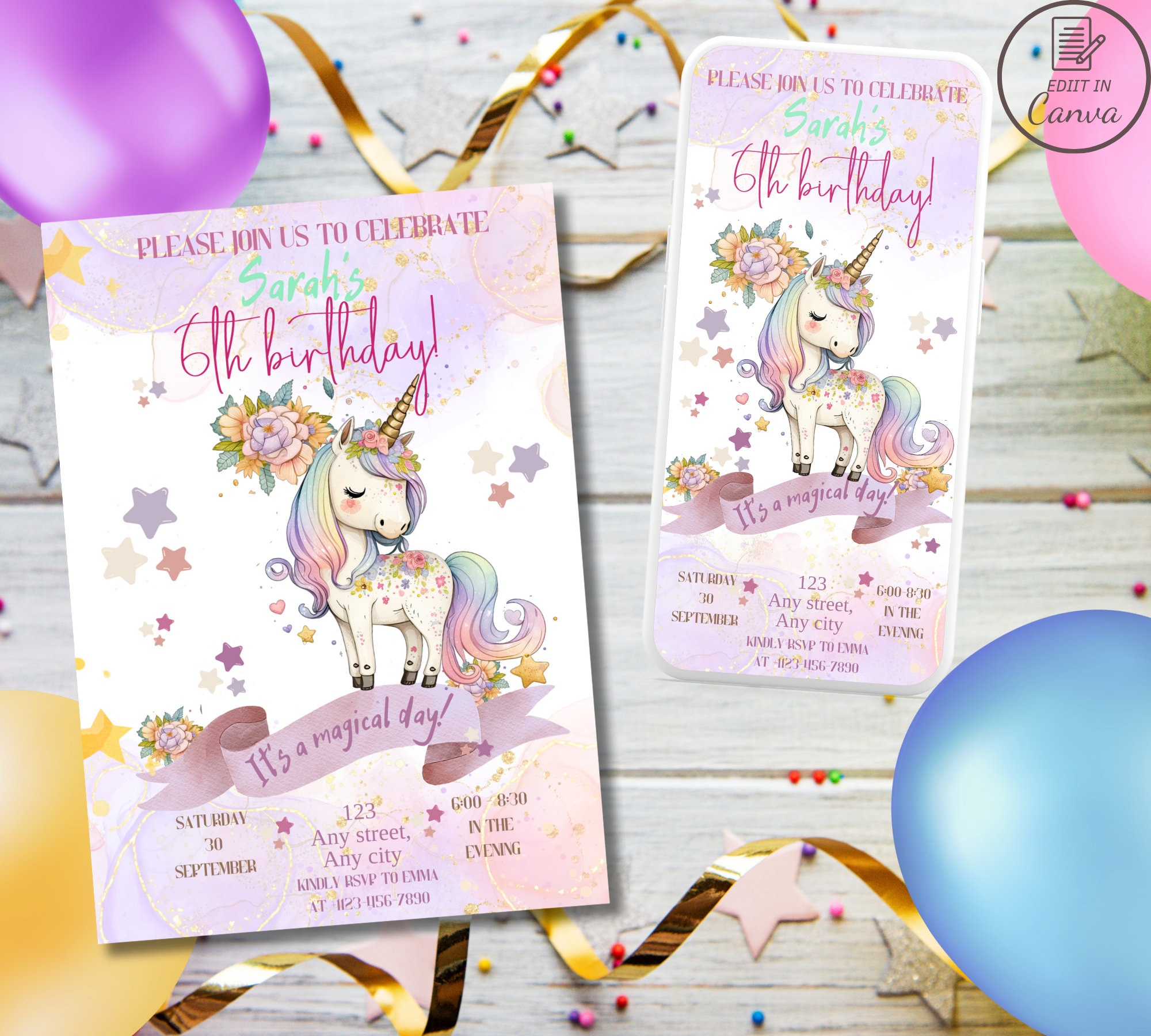 Editable Unicorn Birthday Invitation, Digital Unicorn Party Invite ...