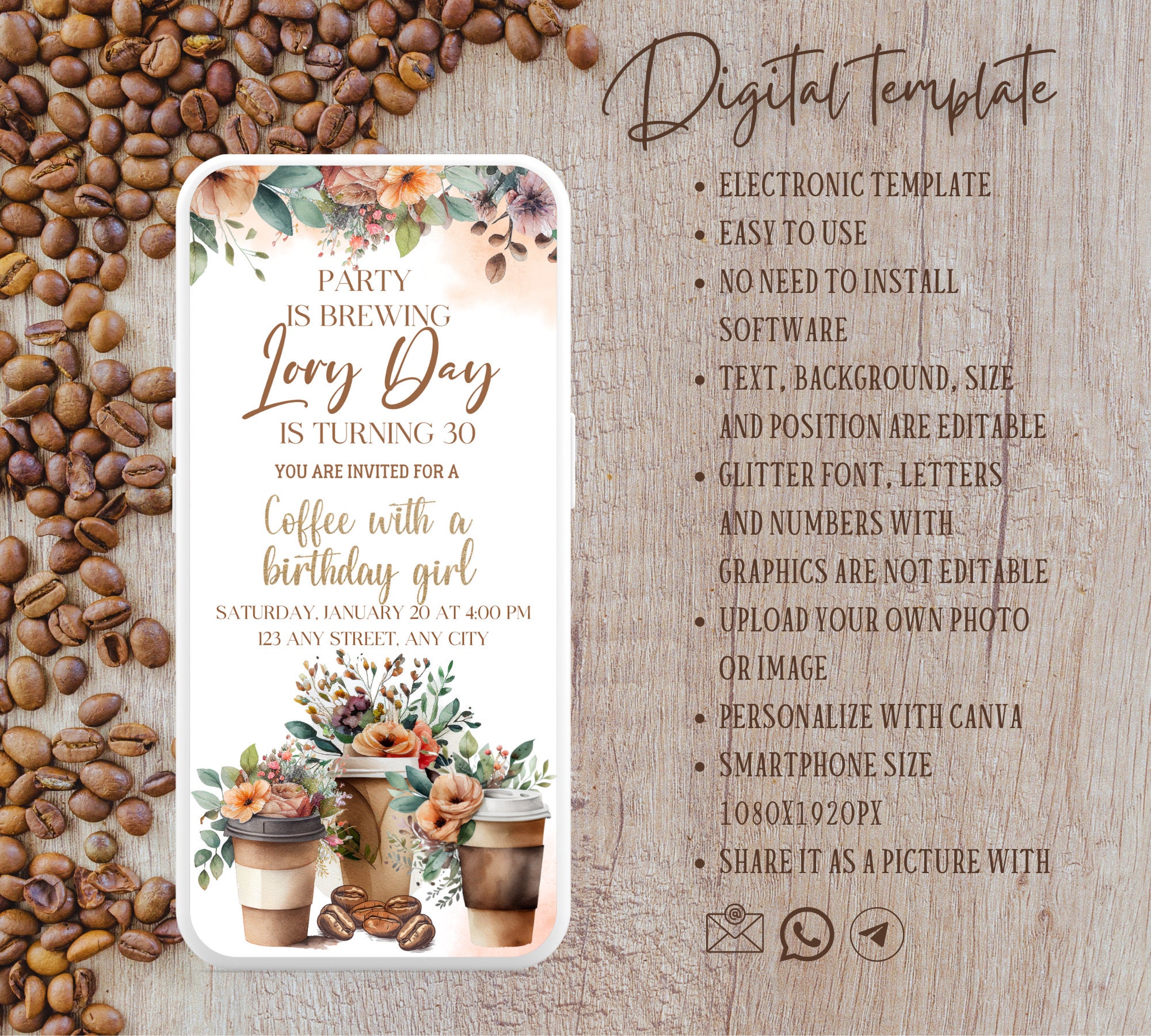 Floral Coffee Birthday Invitation for Woman, Coffee With a Birthday ...
